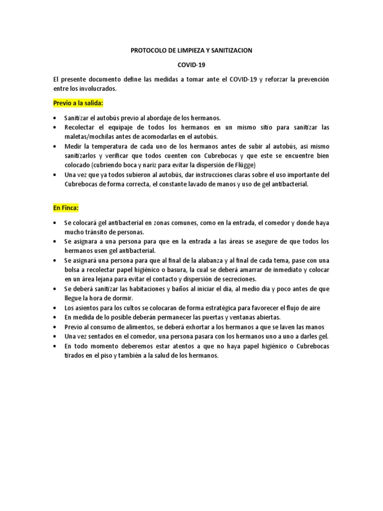 Protocolo de Limpieza y Sanitizacion | PDF