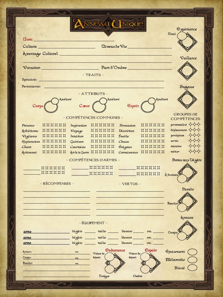 L'Anneau Unique - Fiche de Personnage | PDF | Loisirs | Des sports