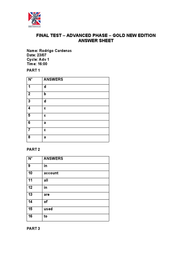 Advanced Phase Gold Test Answers | PDF