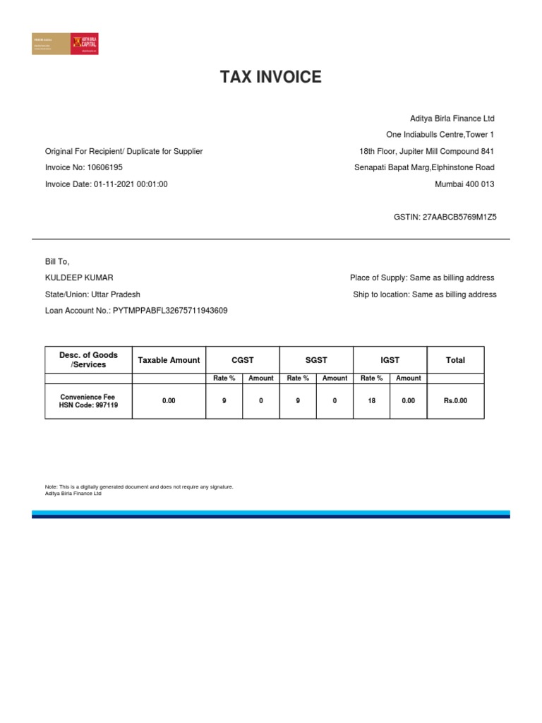 Tax Invoice for Convenience Fee | PDF