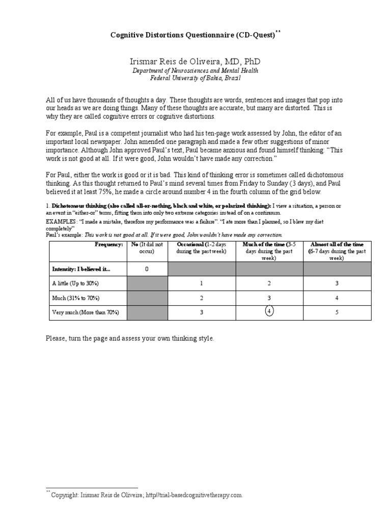 Cognitive Distortion Questionnaire | PDF | Thought | Cognitive Science