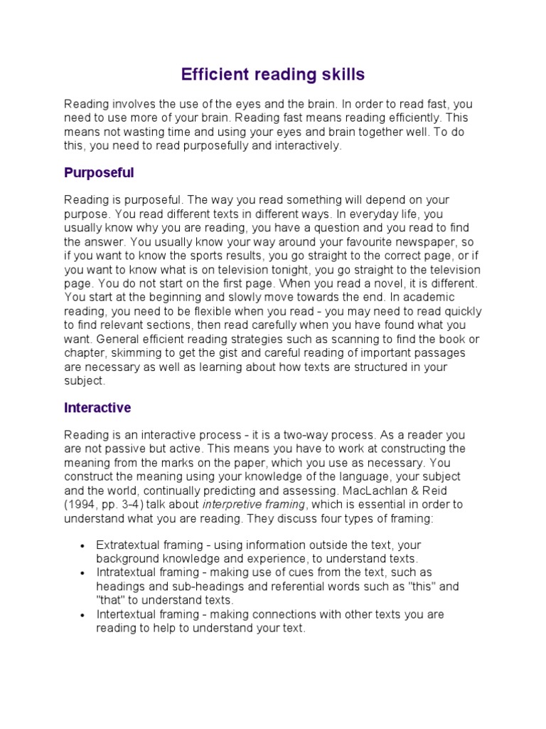 Efficient Reading Skills and Strategies | PDF | Reading Comprehension ...