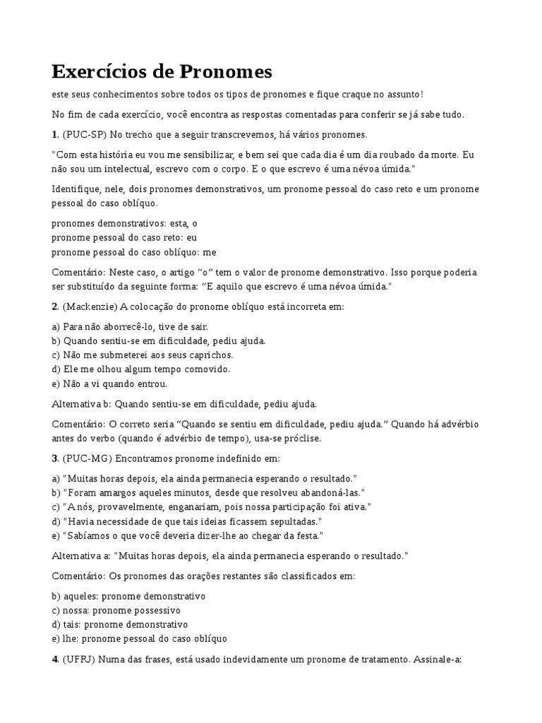 Lista Exercicios Exercícios de Pronomes | PDF | Pronome | Gramática