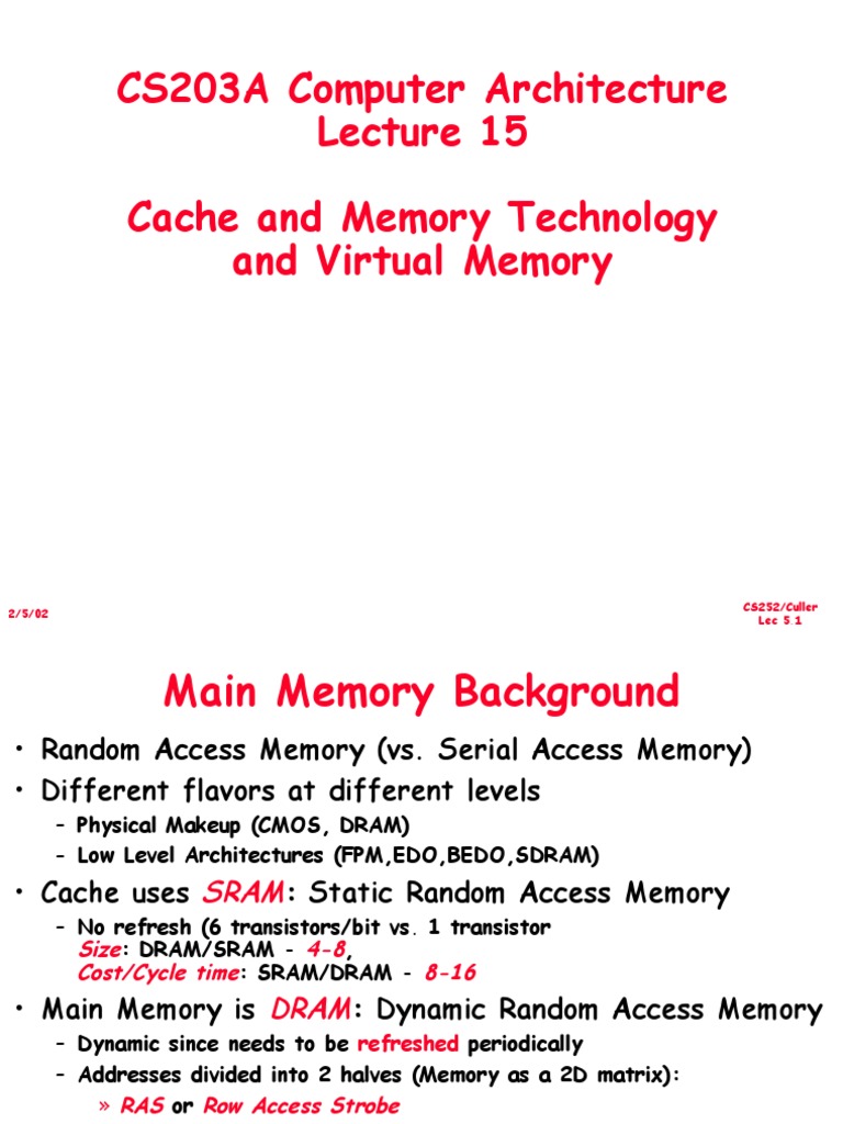 CS203A Computer Architecture Cache and Memory Technology and Virtual Memory | PDF | Dynamic ...