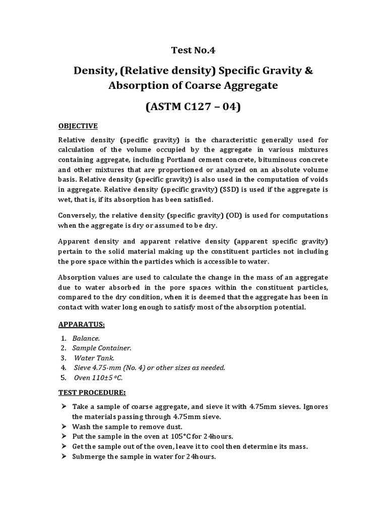 Density, (Relative Density) Specific Gravity & Absorption of Coarse ...