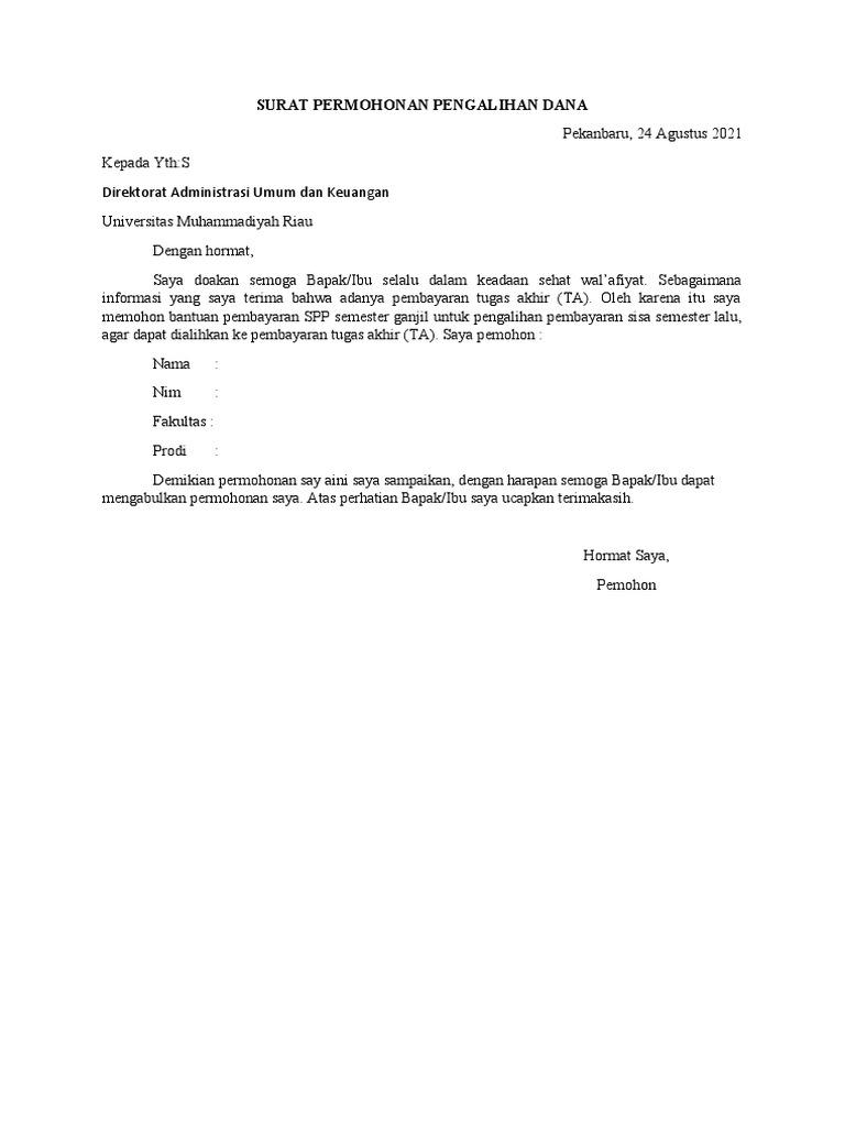 Surat Permohonan Pengalihan Dana | PDF