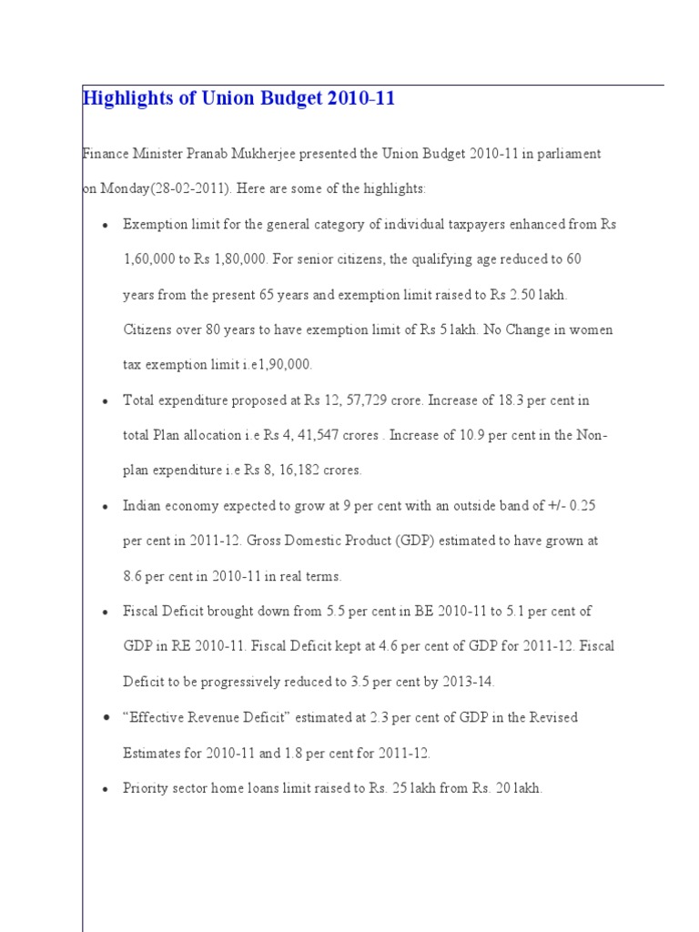 Highlights of Union Budget 2010-11 | PDF
