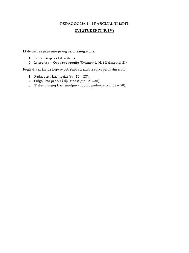 Pedagogija - I Parcijalni Ispit, Poglavlja | PDF