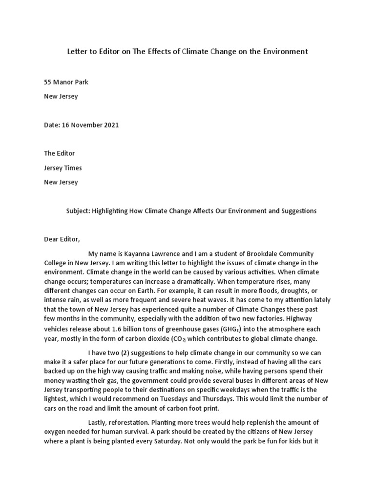 Letter To Editor On The Effects of Climate Change On The Environment ...