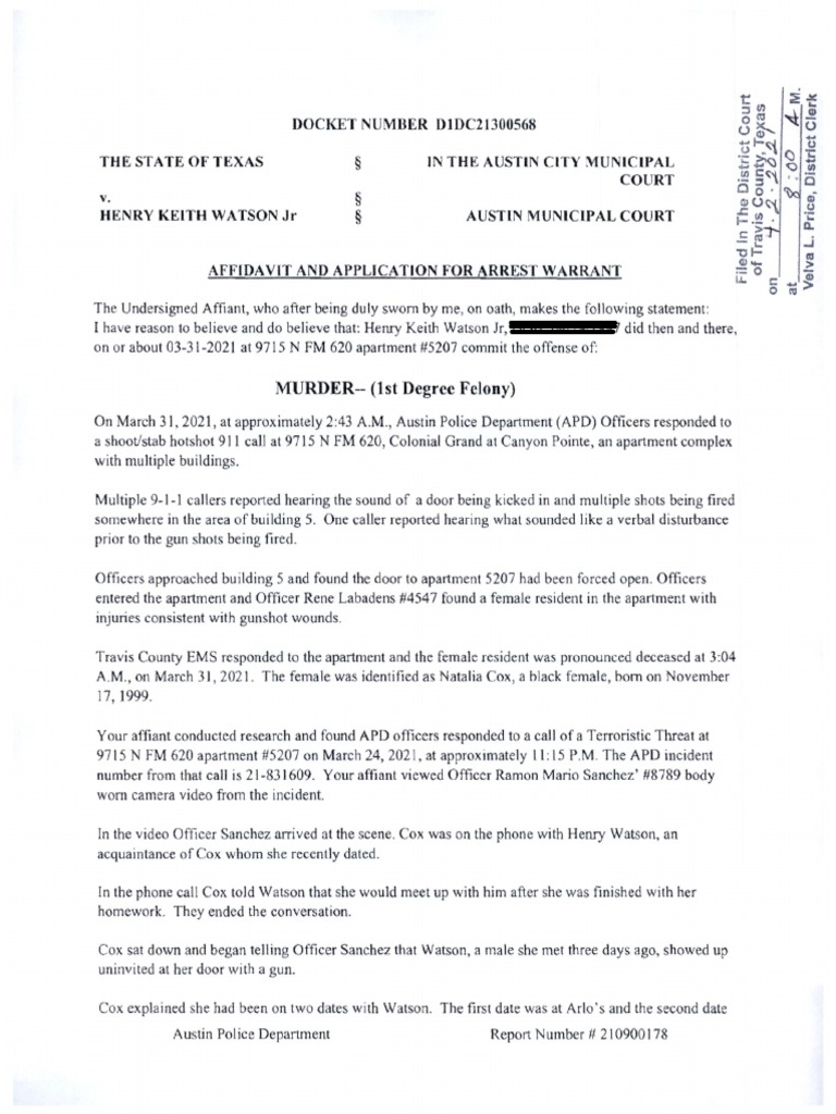 Natalia Cox Murder Affidavit | PDF
