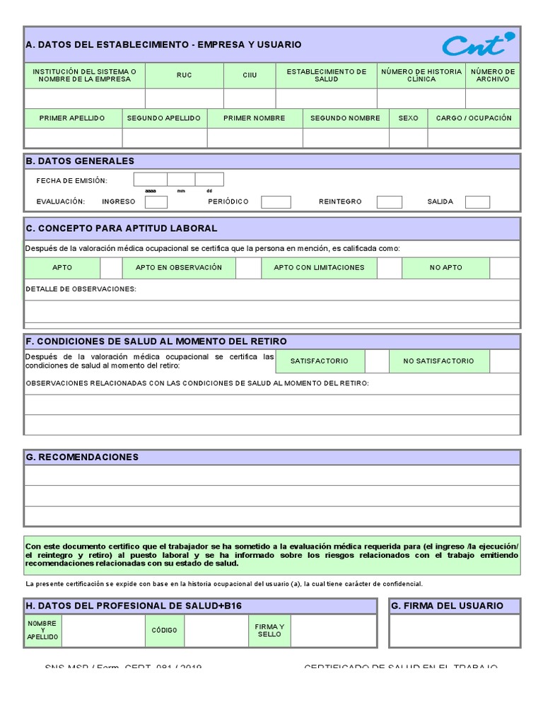 SNS - MSP Form. HCU 081 - CERTIFICADO APTITUD | PDF