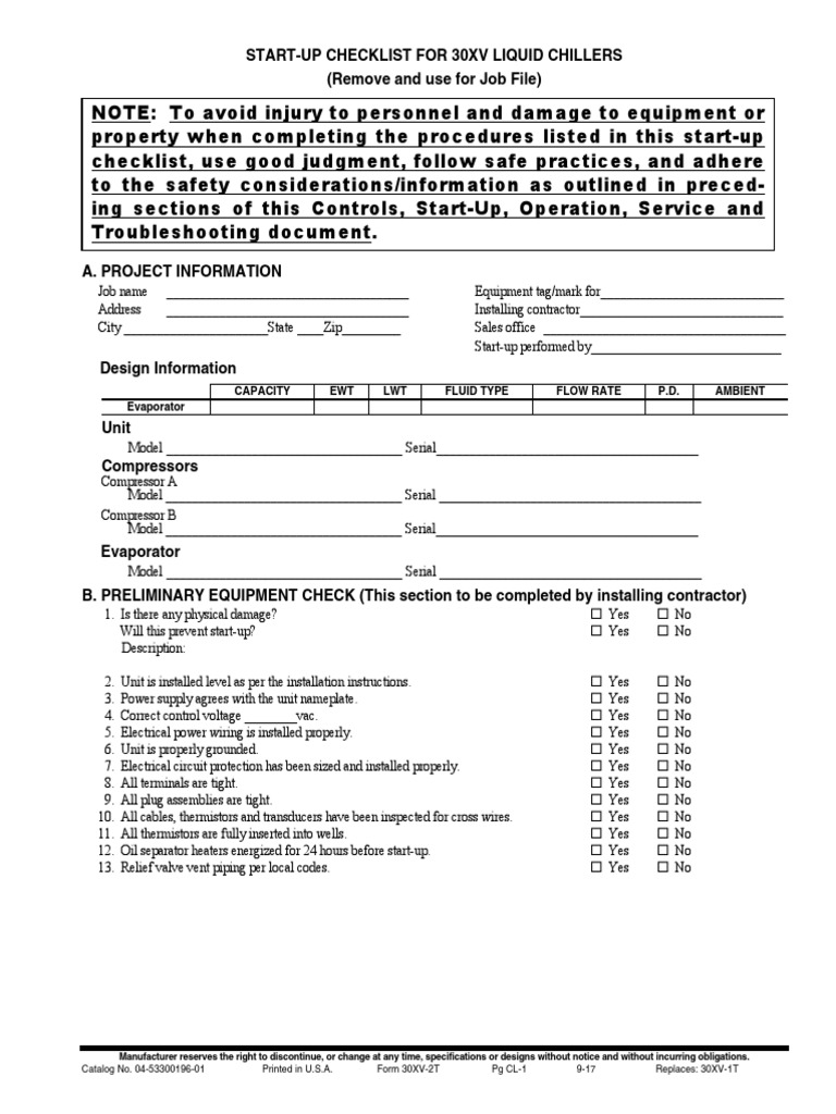 Start-Up Checklist For 30Xv Liquid Chillers (Remove and Use For Job ...