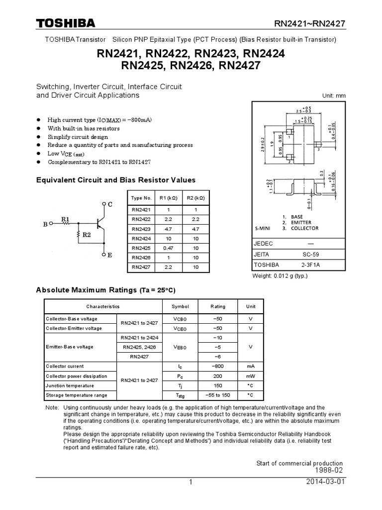 RN2427 Datasheet en 20140301 | PDF | Reliability Engineering | Transistor