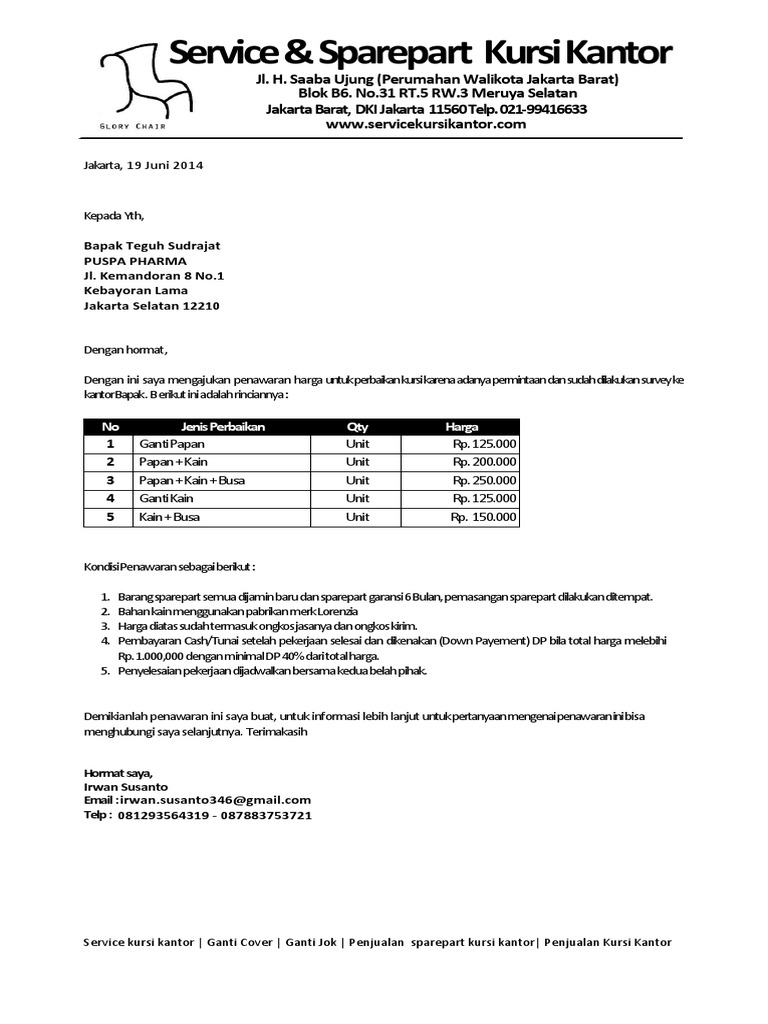 Surat Penawaran Service Kursi Teguh | PDF
