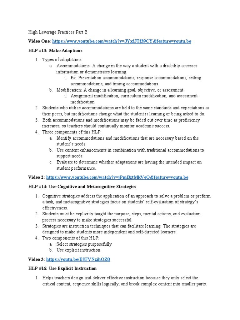 Ed 243 High Leverage Practices Part B | PDF | Educational Assessment ...