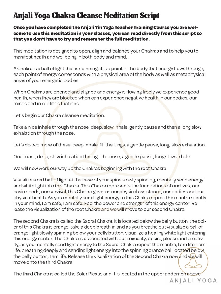 Anjali Yoga Chakra Cleanse Meditation Script | Download Free PDF ...