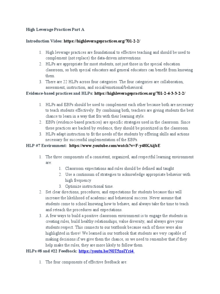 Ed 243 High Leverage Practices Part A | PDF | Individualized Education ...