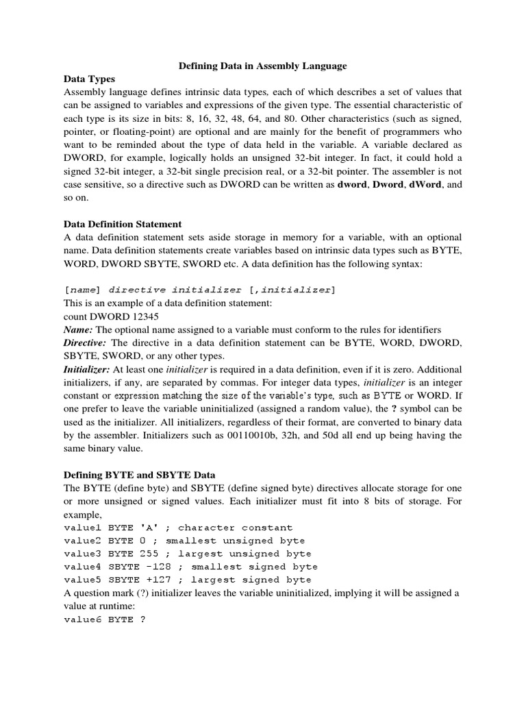 Defining Data in Assembly Language Data Types | PDF | Data Type ...