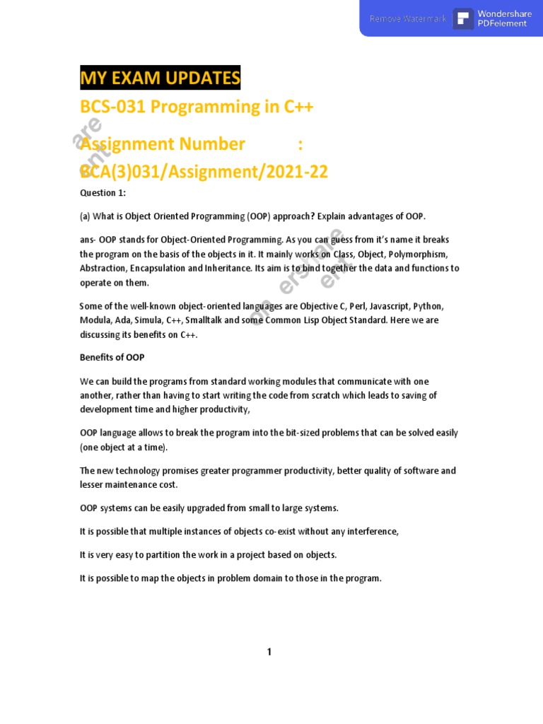 Bcs 031 Solved Assignment Pdf Object Oriented Programming Class Computer Programming