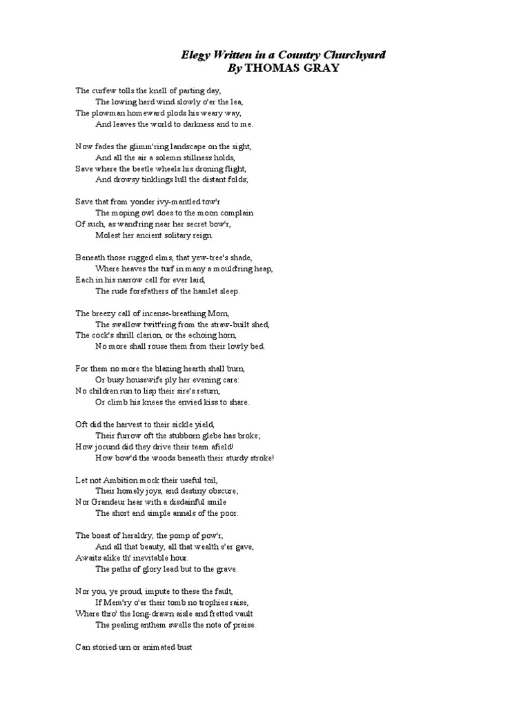Elegy Written in A Country Churchyard by Thomas Gray | PDF | Poetry