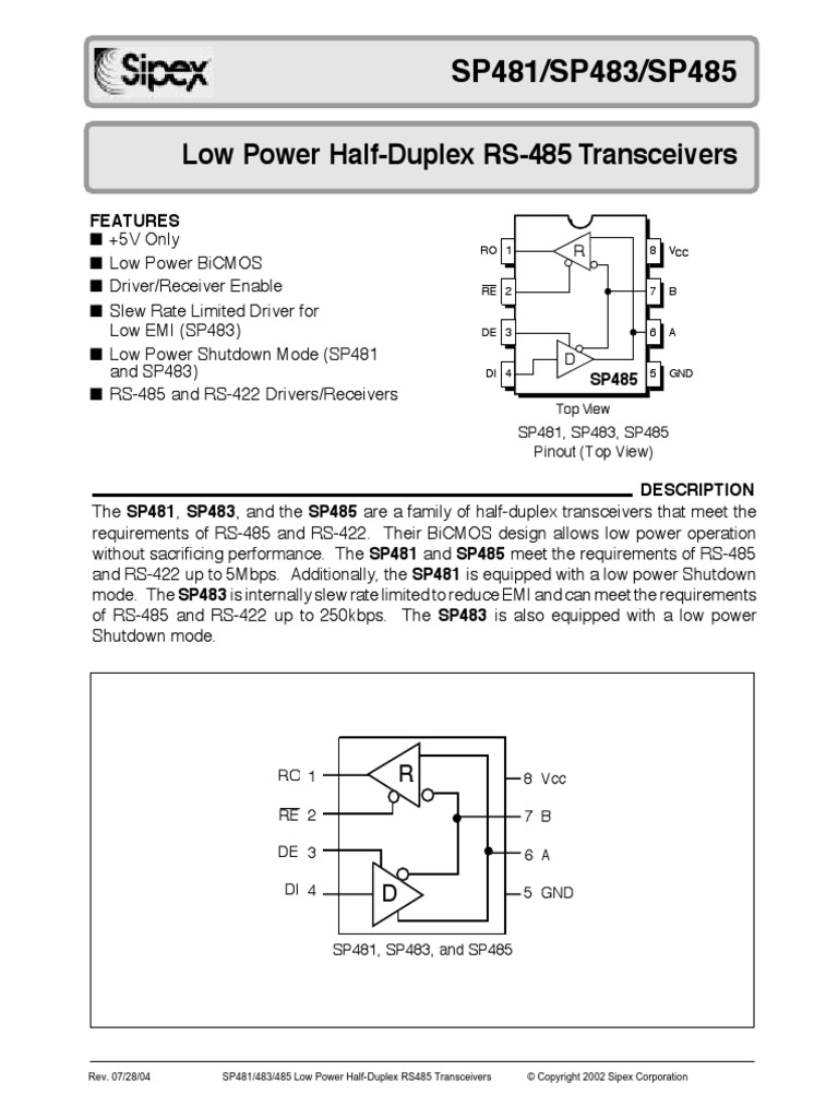 Low Power Half-Duplex RS-485 Transceivers: SP481/SP483/SP485 | Download ...