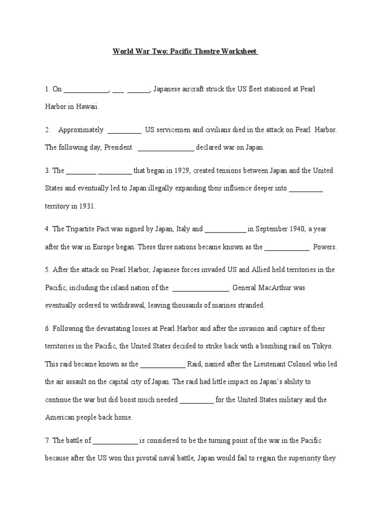 WW2 Pacific Theatre Worksheet | PDF | Pacific War | Empire Of Japan