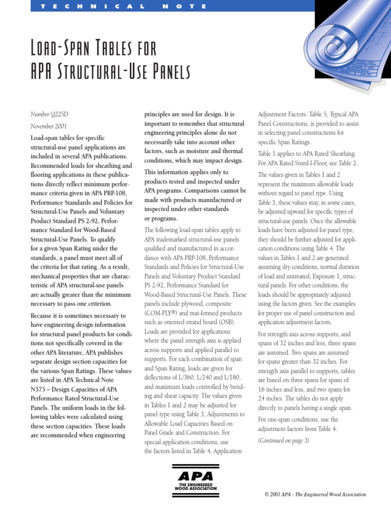 APA - Load-Span Tables Sheathing Panels (2001) | PDF | Plywood | Bending