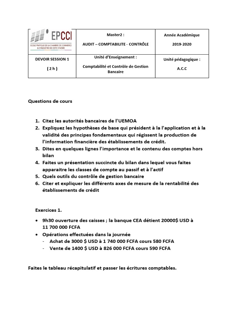 Devoir Final Comptabilité Bancaire 1 | PDF | Banques | Comptabilité