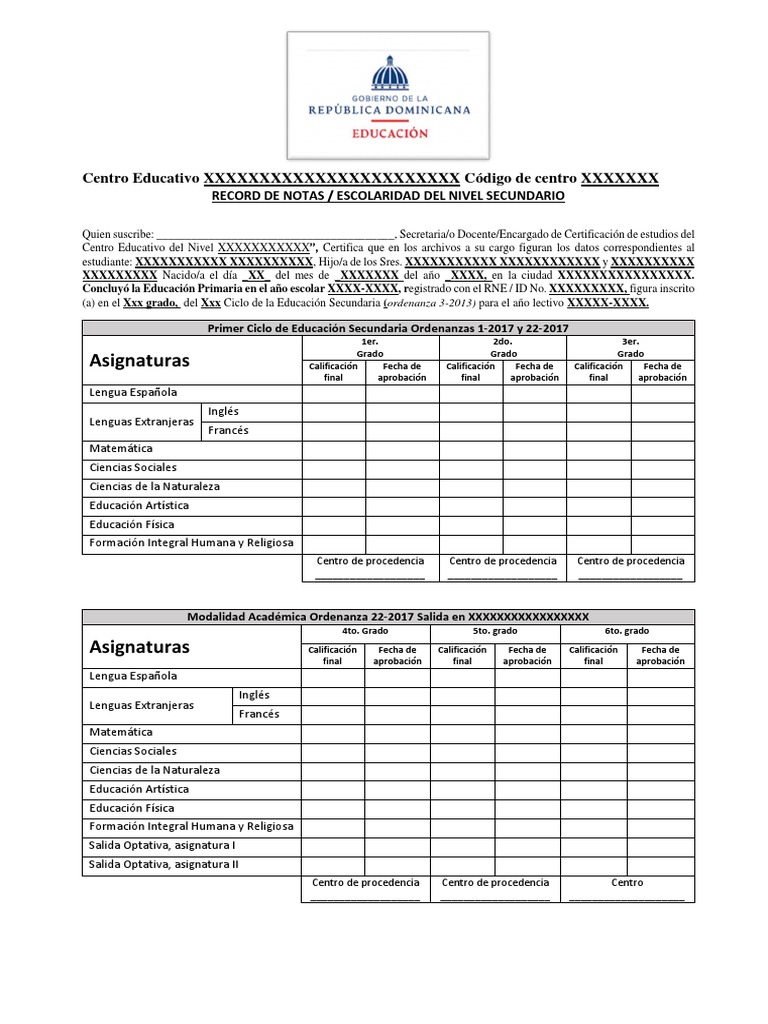 XWXy Formato de Record de Notas Oficial Del Nuevo Diseno Primer y ...