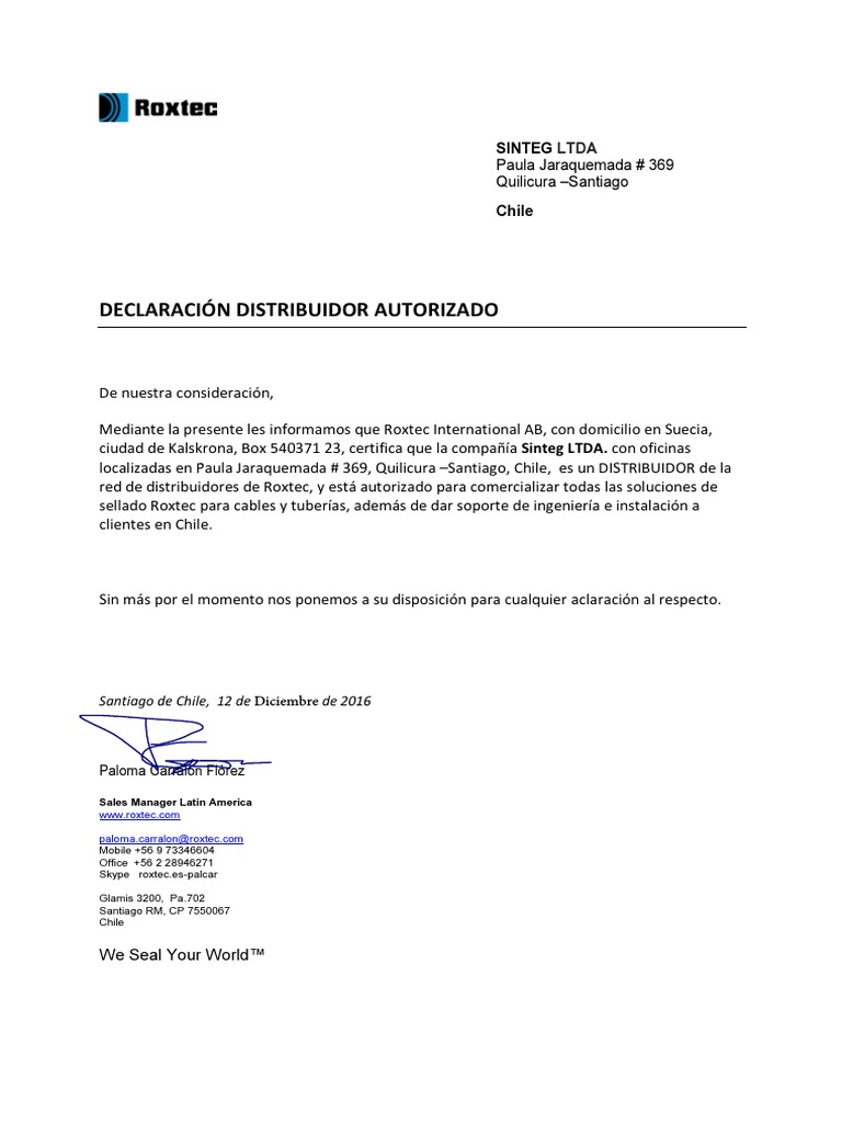 Carta de Distribuidor Autorizado ROXTEC 2016 | PDF