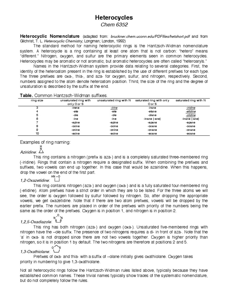 Heterocycles: Heterocyclic Nomenclature | PDF | Heterocyclic Compound ...