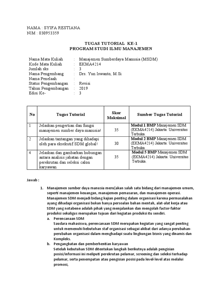 TT1 MSDM - Syifa Restiana - 030953359 | PDF