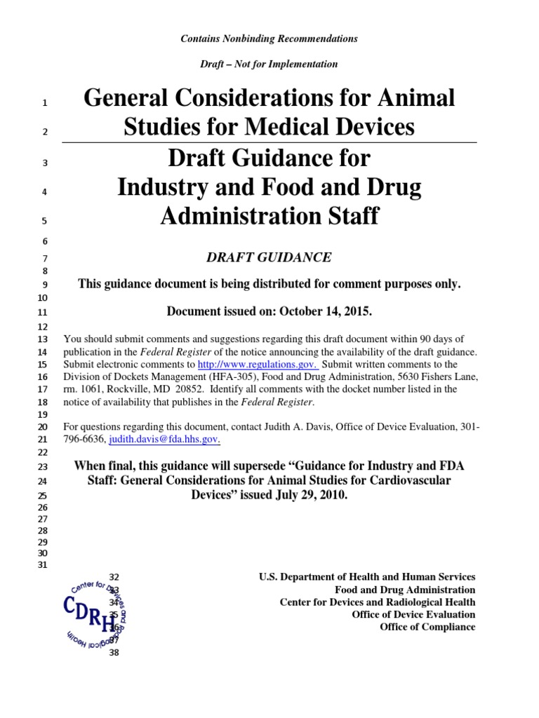 General Considerations For Animal Studies For Medical Devices Draft ...