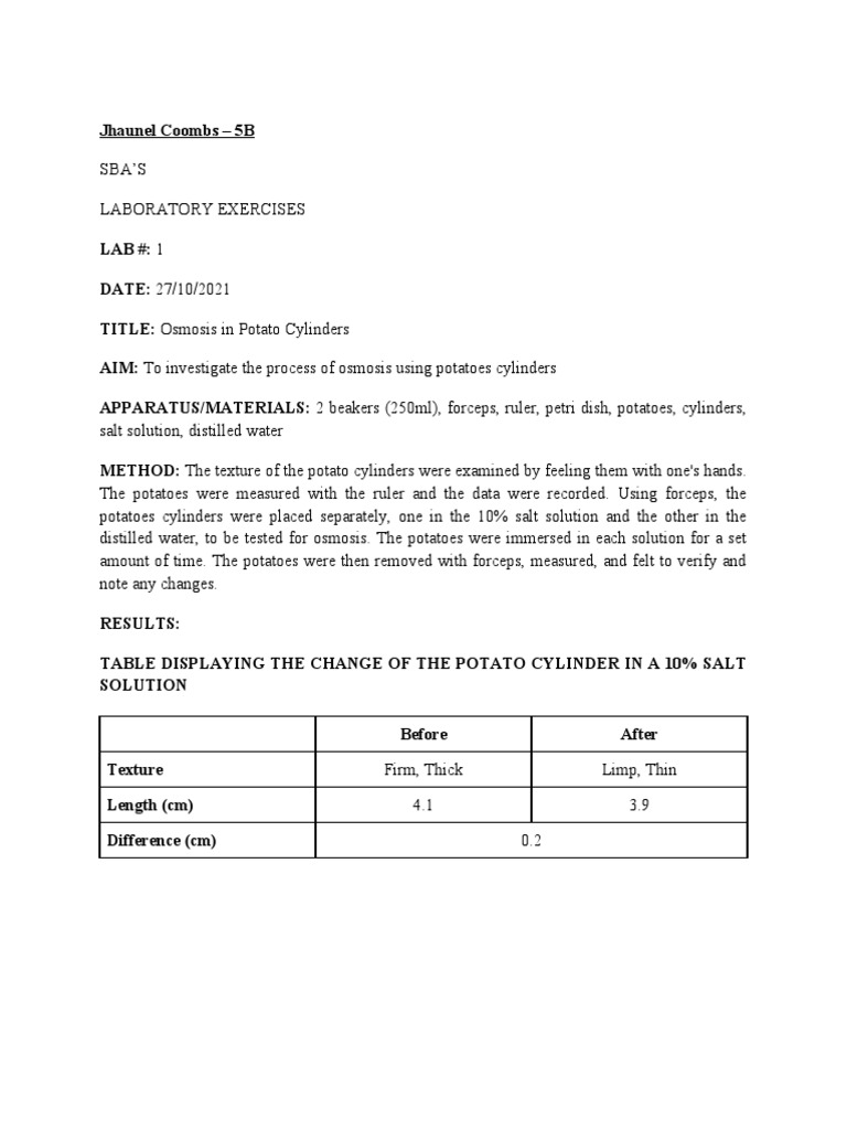 Lab Report #1 - Osmosis in Potato Cylinders | PDF | Osmosis | Water