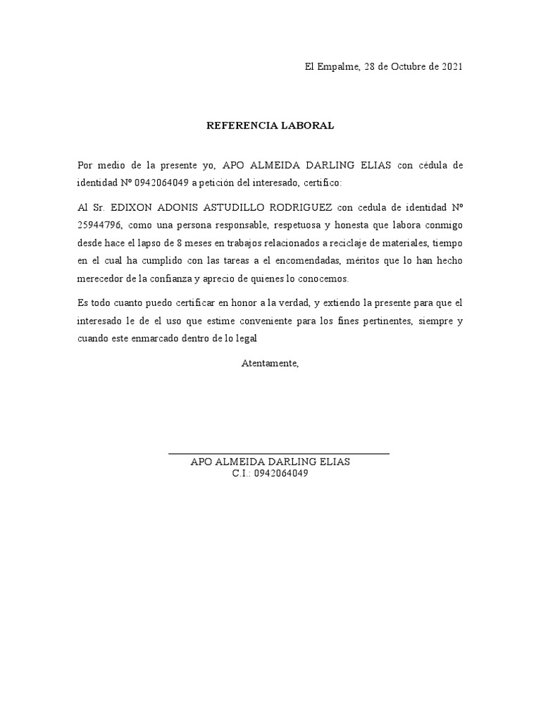 Ejemplo de Referencia Laboral | PDF