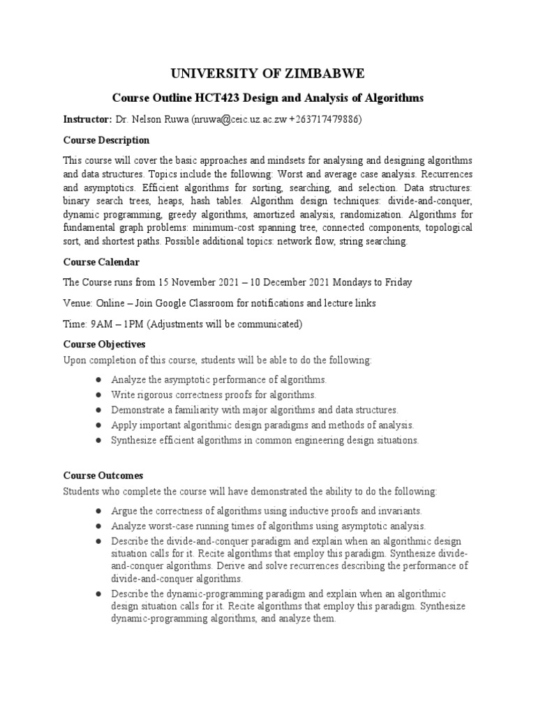 Course Outline HCT423 Design and Analysis of Algorithms | PDF | Dynamic ...