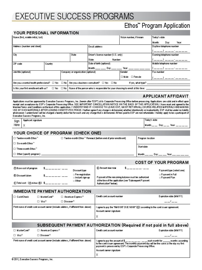 Executive Success Programs: Ethos Program Application | PDF | Payments ...
