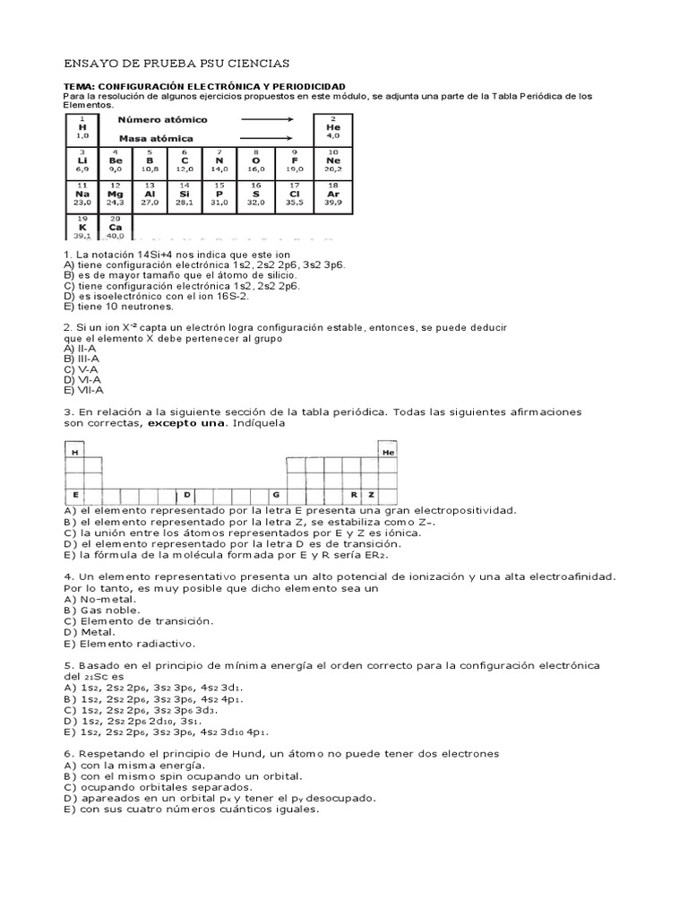 Ensayo de Prueba Psu Ciencias | PDF | Ion | Configuración electronica