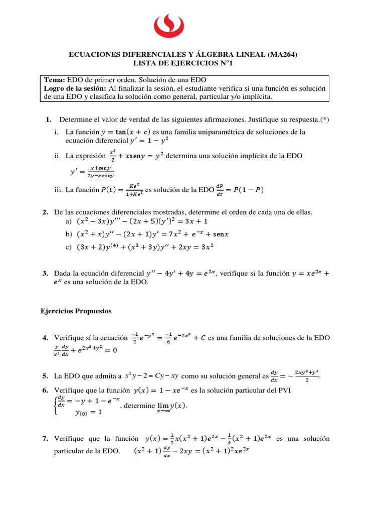 LISTA DE EJERCICIOS 1_EDO primer orden. Solución de una EDO | PDF | Ecuaciones | Ecuaciones ...