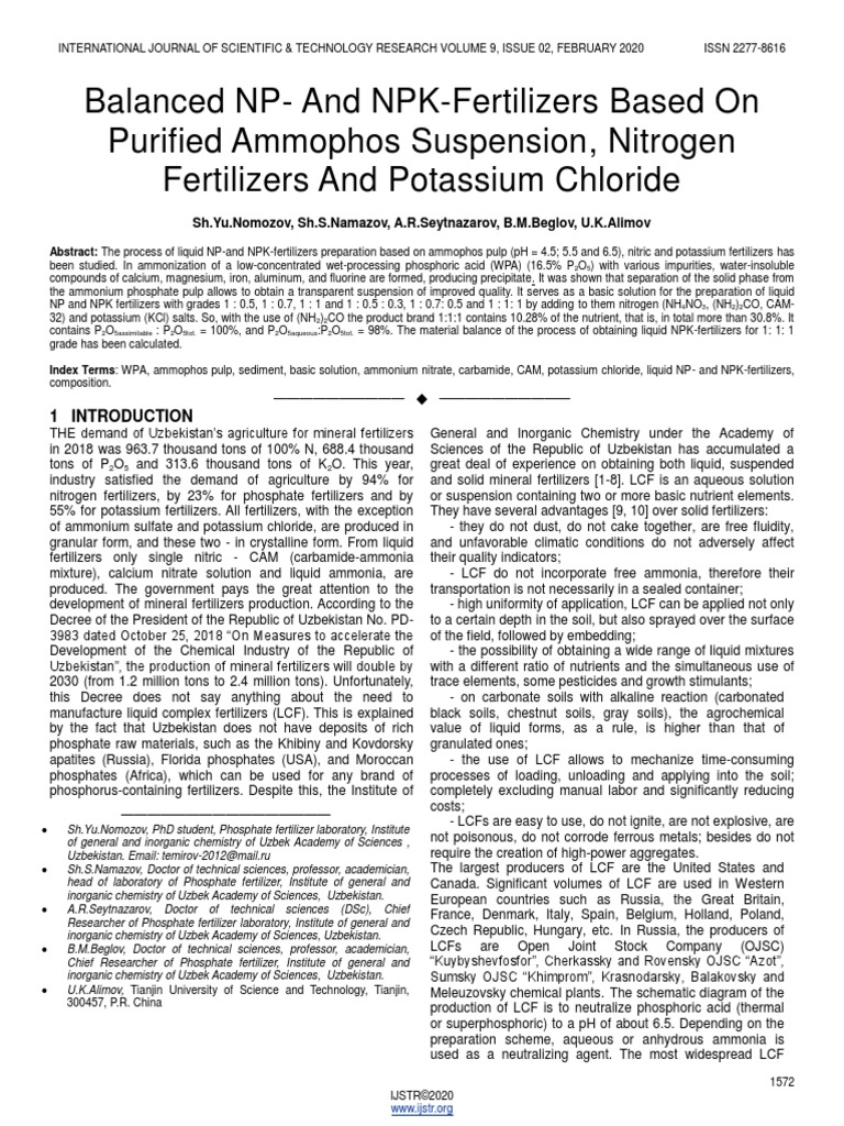 Balanced NP and NPK Fertilizers Based On Purified Ammophos Suspension ...