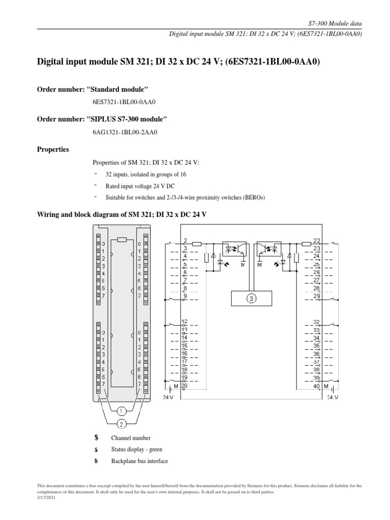 Digital Input Module SM 321 DI 32 X DC 24 V (6ES7321-1BL00-0AA0) | PDF ...