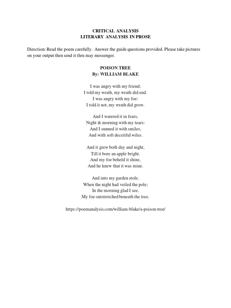 Analyzing Blake's "A Poison Tree" | PDF