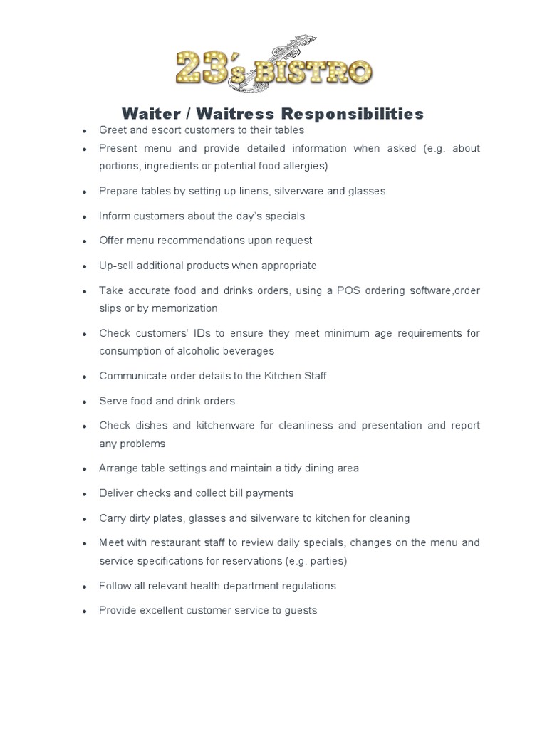 Waiter / Waitress Responsibilities | PDF | Waiting Staff | Restaurants