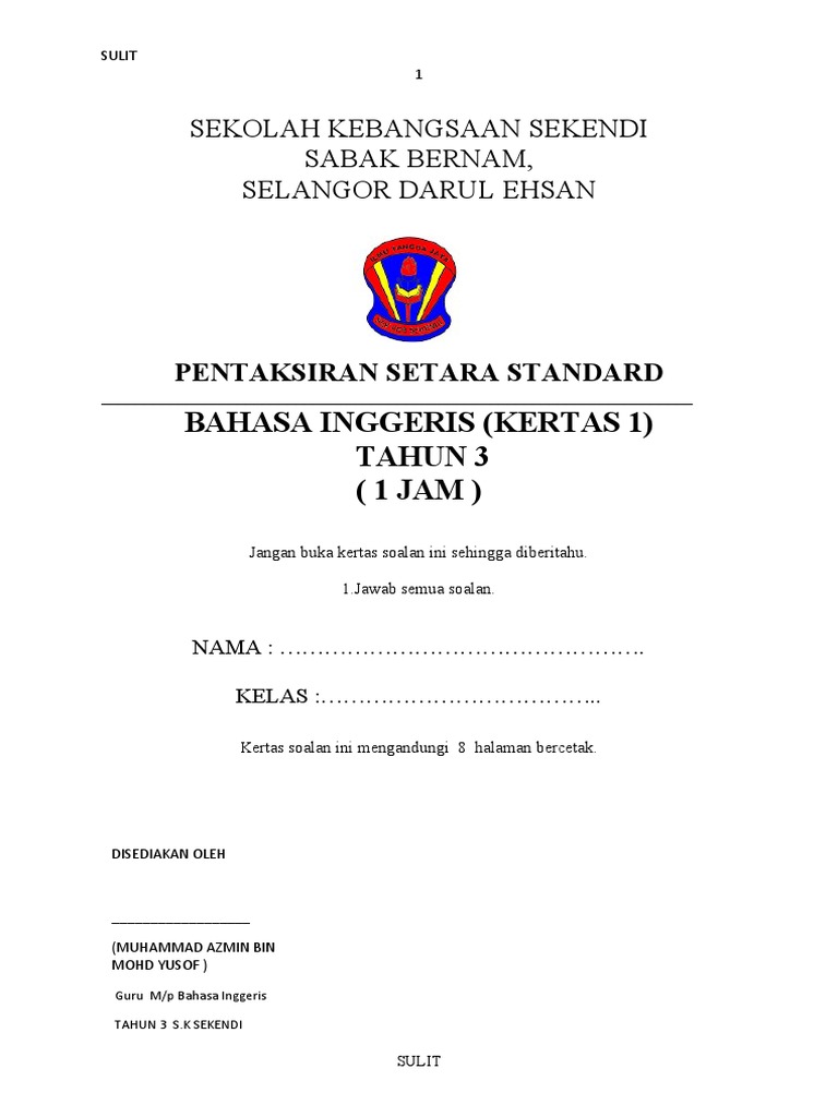 Ujian Pentaksiran Standard Bahasa Inggeris Tahun 3 (Kertas 1) | PDF ...