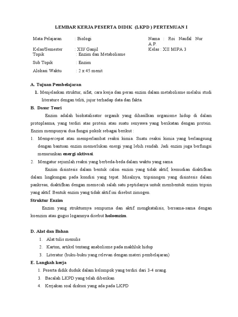 Enzim - LKPD 1 | PDF