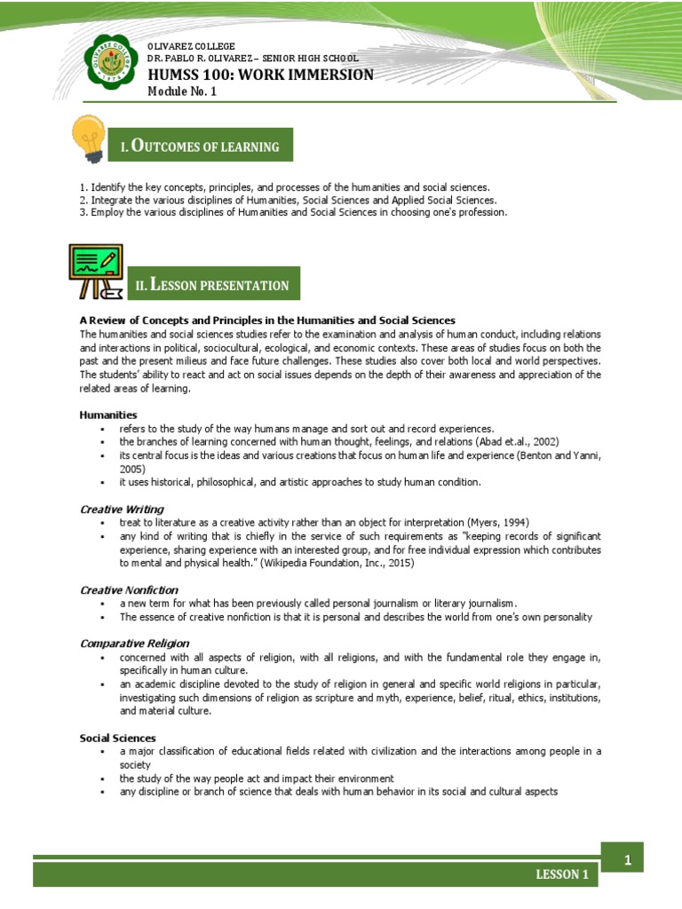 Humss 100: Work Immersion: I. Utcomes of Learning | PDF | Anthropology ...