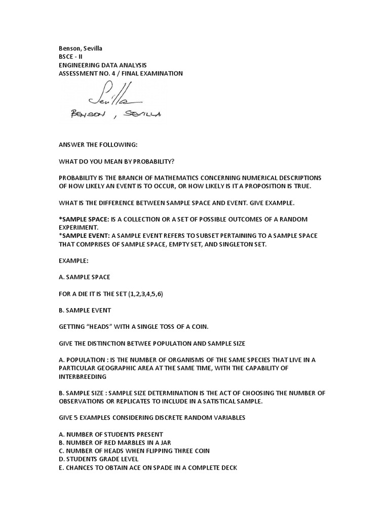 Engineering Data Analysis Assessment Probability, Variables, and ...