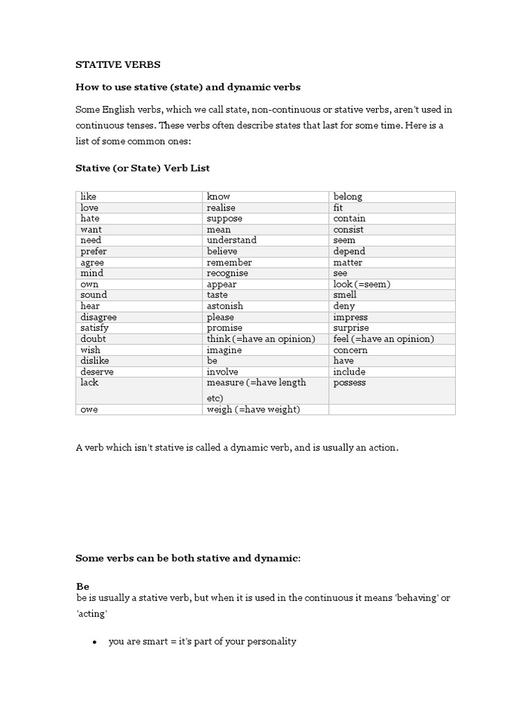 Stative Verbs How To Use Stative (State) and Dynamic Verbs | PDF | Verb ...