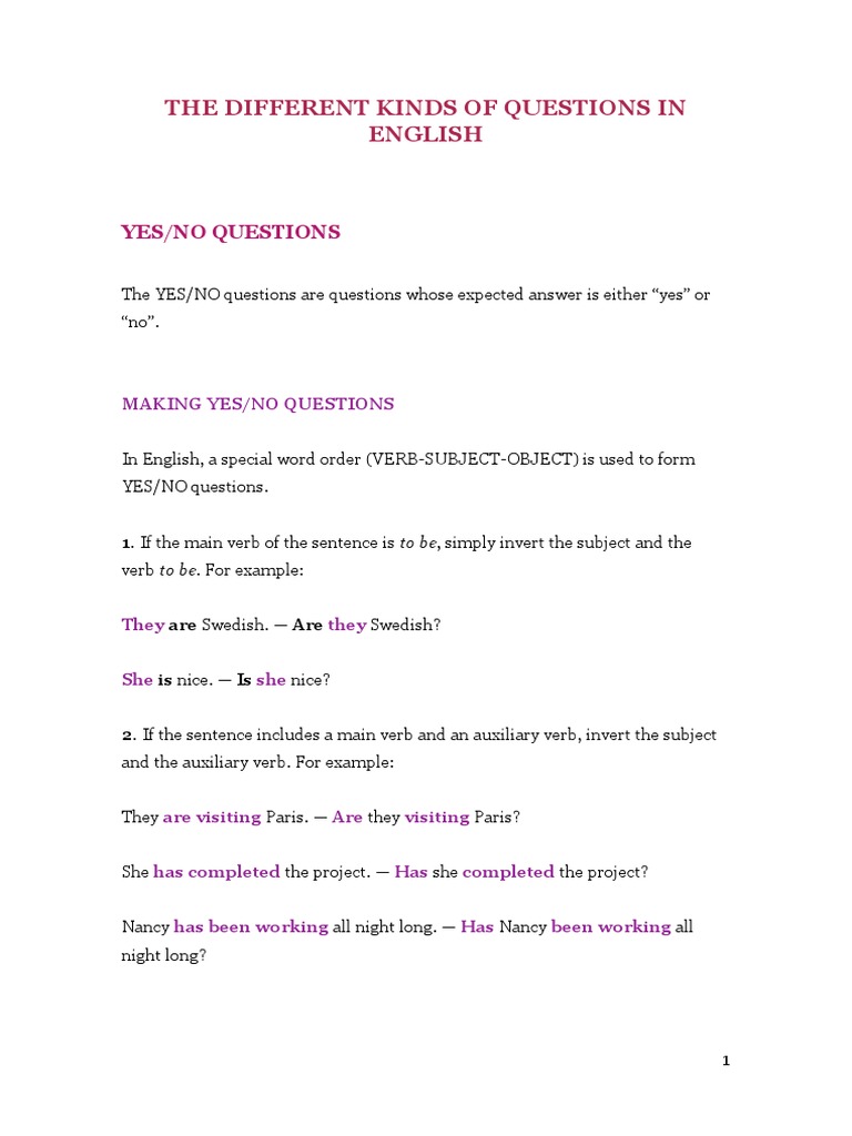 The Different Kinds of Questions in English | PDF | Question | Verb