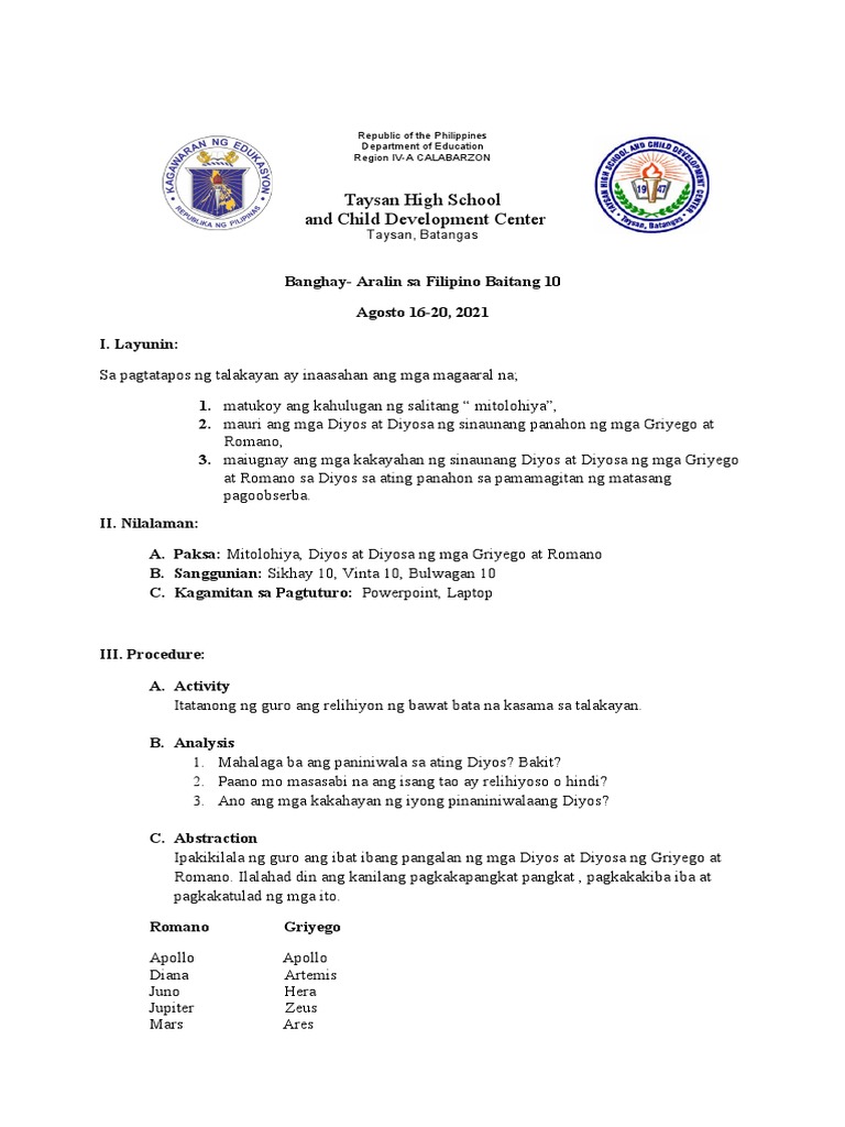 Formatin Lesson Plan Filipino 10 | PDF